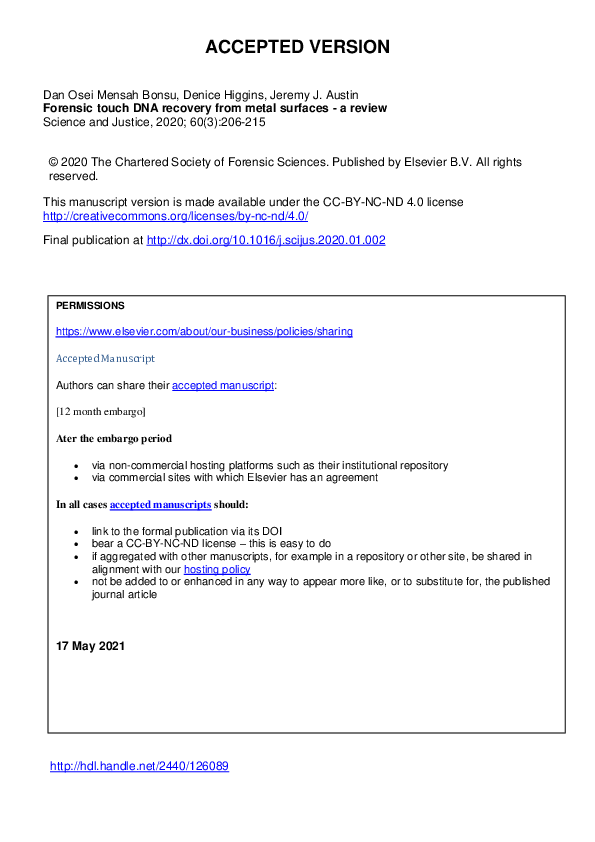 (PDF) Forensic touch DNA recovery from metal surfaces – A review