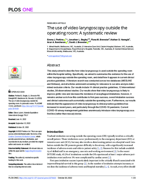 (PDF) The use of video laryngoscopy outside the operating room: A ...