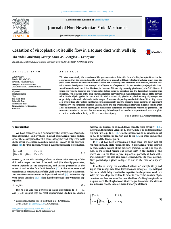 (PDF) Cessation of viscoplastic Poiseuille flow in a square duct with wall slip | Georgios ...