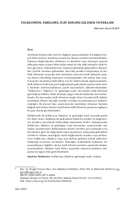 (PDF) Folklori̇zm, Fakelore, İcat Edi̇lmi̇ş Gelenek Ve Reklam