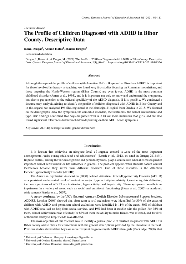 (PDF) The Profile of Children Diagnosed with ADHD in Bihor County ...