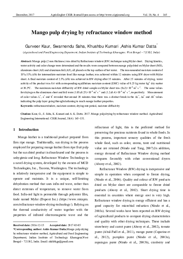 (PDF) Mango pulp drying by refractance window method