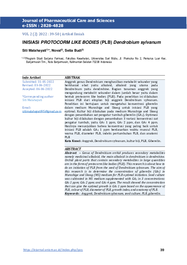 (PDF) Inisiasi Protocorm Like Bodies (PLB) Dendrobium sylvanum