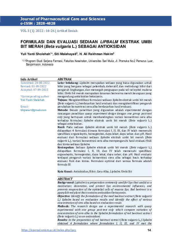(PDF) Formulasi dan Evaluasi Sediaan Lipbalm Ekstrak Umbi Bit Merah ...
