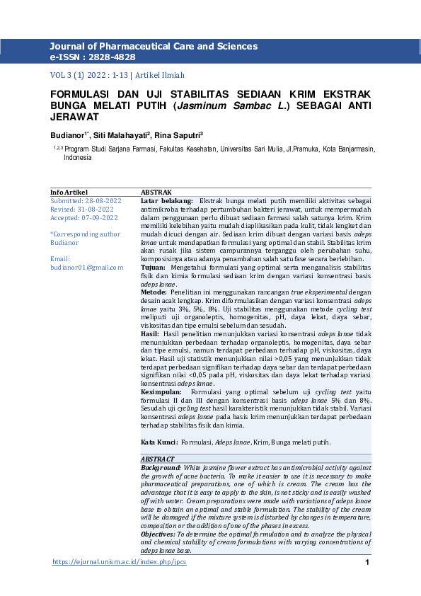 (PDF) Formulasi dan Uji Stabilitas Sediaan Krim Ekstrak Bunga Melati ...