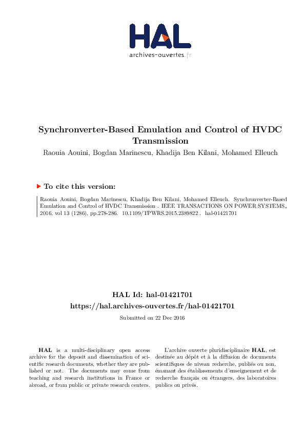 (PDF) Synchronverter-Based Emulation and Control of HVDC Transmission