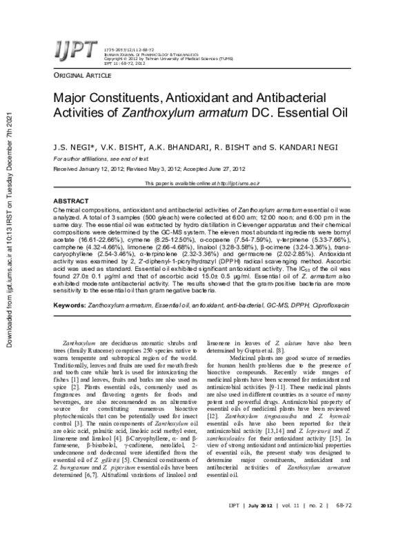 (PDF) Major Constituents, Antioxidant and Antibacterial Activities of ...