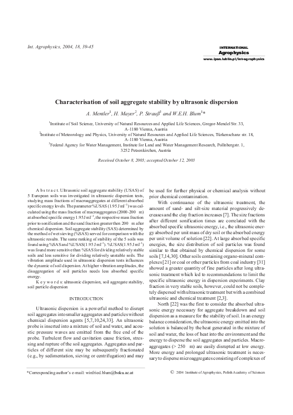 (PDF) Characterisation of soil aggregate stability by ultrasonic dispersion
