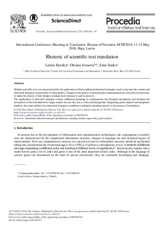 (PDF) Rhetoric of Scientific Text Translation
