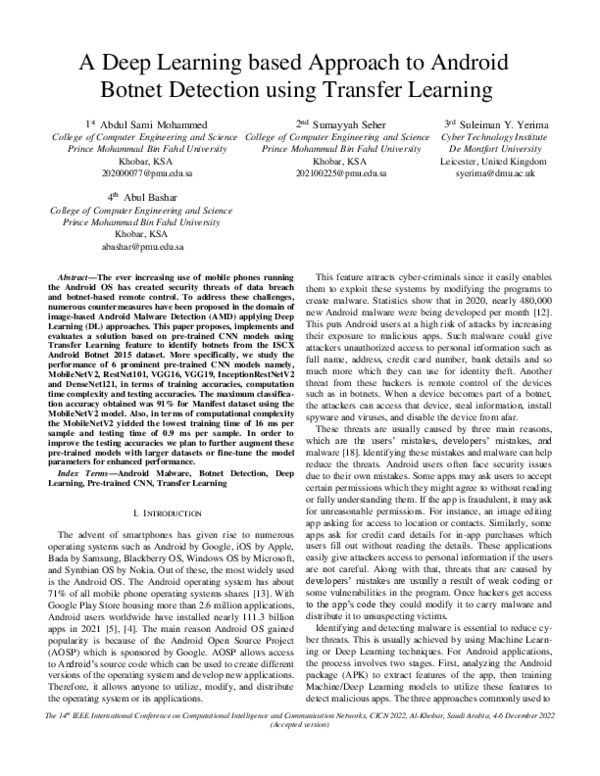 Pdf A Deep Learning Based Approach To Android Botnet Detection Using
