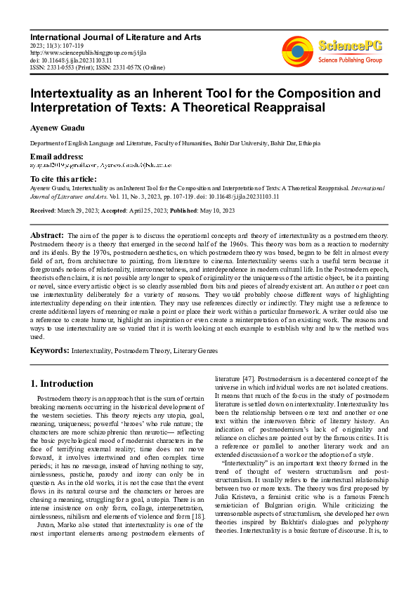 (PDF) Intertextuality as an Inherent Tool for the Composition and Interpretation of Texts: A ...