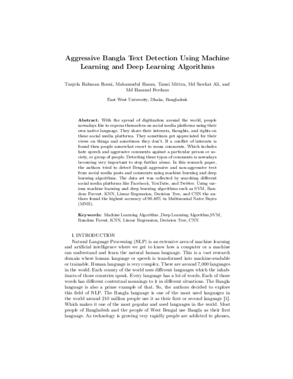 (PDF) Aggressive Bangla Text Detection Using Machine Learning and Deep ...