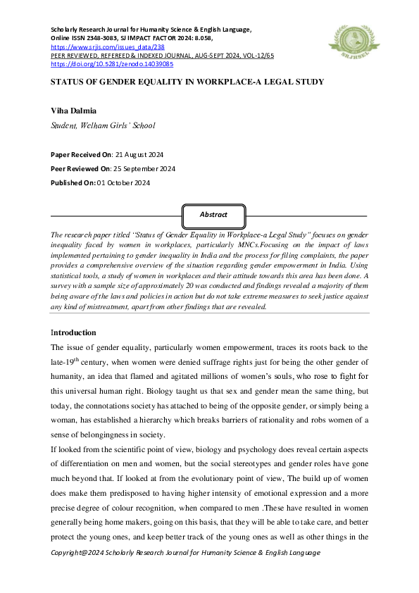 (PDF) STATUS OF GENDER EQUALITY IN WORKPLACE-A LEGAL STUDY
