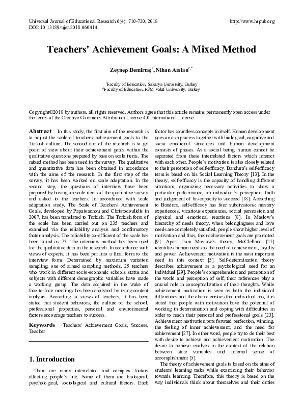 (PDF) Teachers' Achievement Goals: A Mixed Method