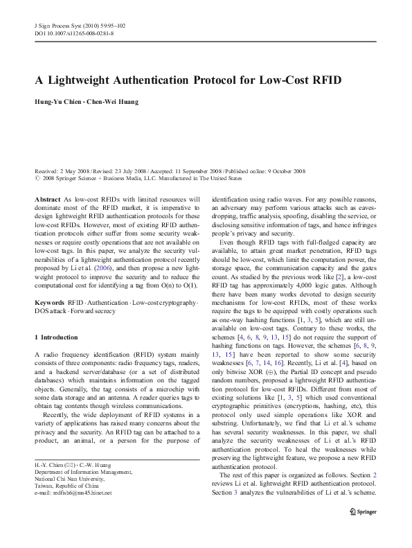 (PDF) A Lightweight Authentication Protocol for Low-Cost RFID
