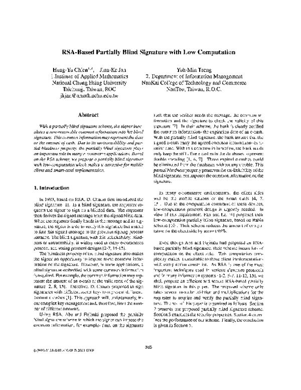 (PDF) RSA-based partially blind signature with low computation