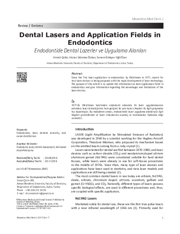 (PDF) Dental Lasers and Application Fields in Endodontics