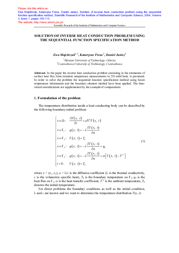 (PDF) Solution of inverse heat conduction problem using the sequential function specification method
