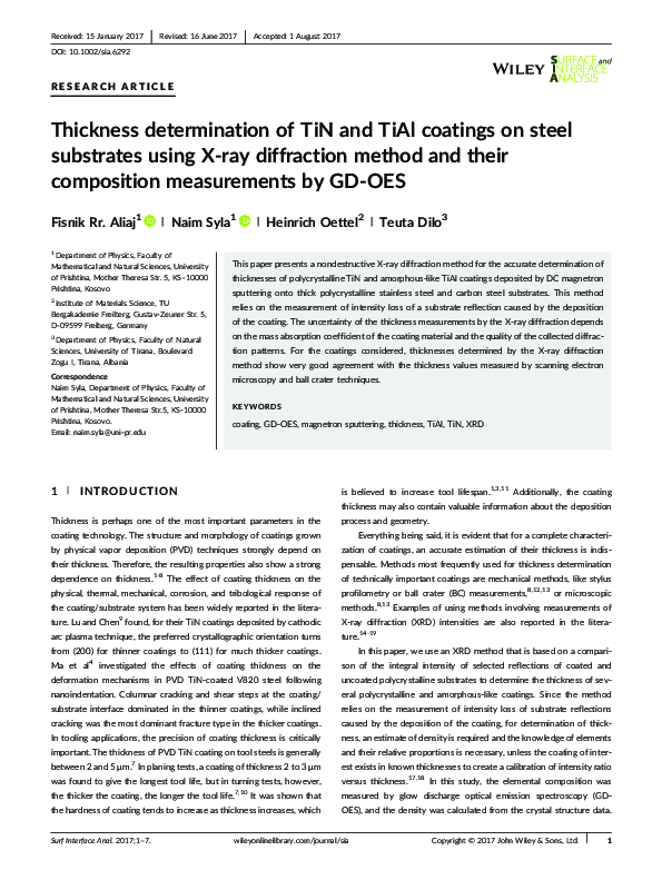 (PDF) Thickness determination of TiN and TiAl coatings on steel ...