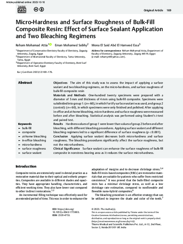 (PDF) Micro-Hardness and Surface Roughness of Bulk-Fill Composite Resin: Effect of Surface ...