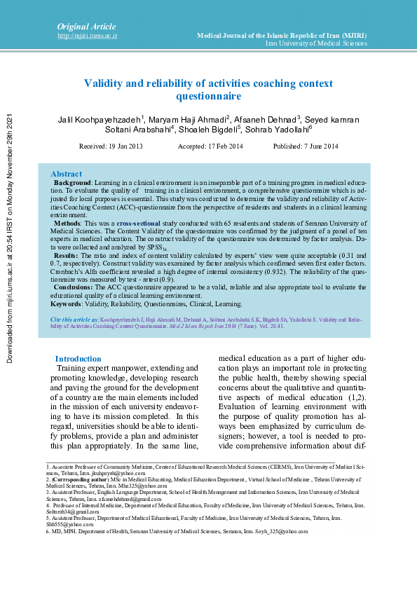 (PDF) Validity and reliability of activities coaching context questionnaire