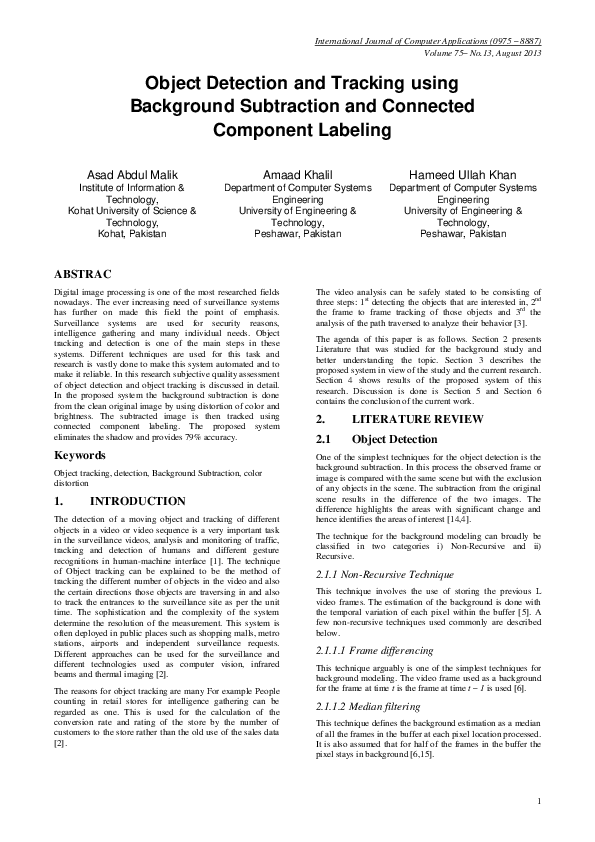 Pdf Object Detection And Tracking Using Background Subtraction And Connected Component Labeling