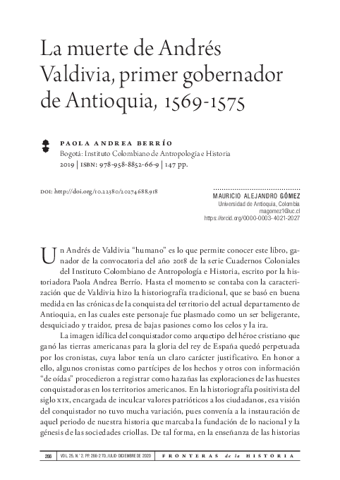 (PDF) Berrío, Paola Andrea. La muerte de Andrés Valdivia, primer ...