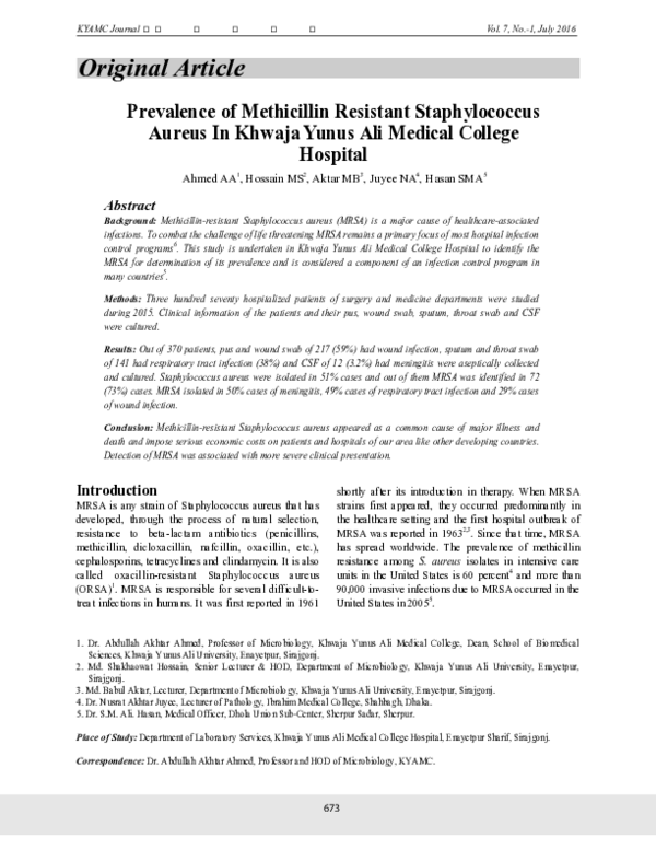 (PDF) Prevalence of Methicillin Resistant Staphylococcus Aureus In Khwaja Yunus Ali Medical ...
