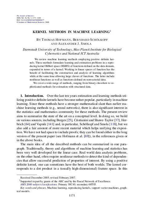 (PDF) Kernel methods in machine learning