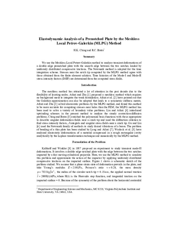 (PDF) Elastodynamic Analysis of a Prenotched Plate by the Meshless ...