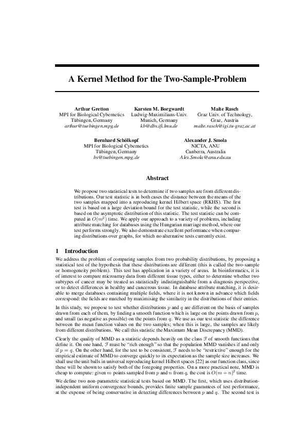 (PDF) A Kernel Method for the Two-Sample-Problem