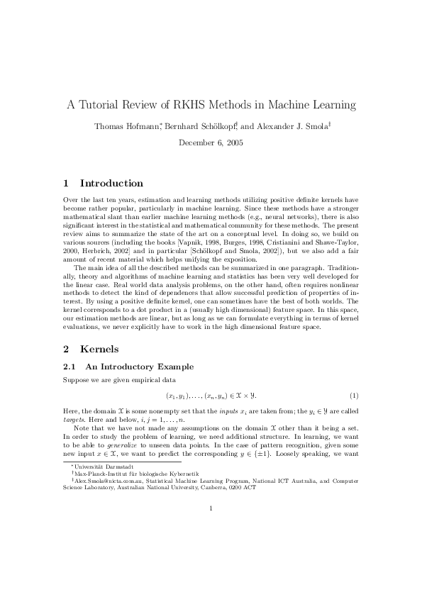 (PDF) A Tutorial Review of RKHS Methods in Machine Learning