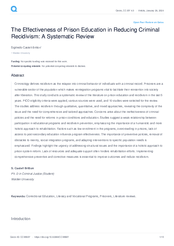 (PDF) The Effectiveness of Prison Education in Reducing Criminal ...