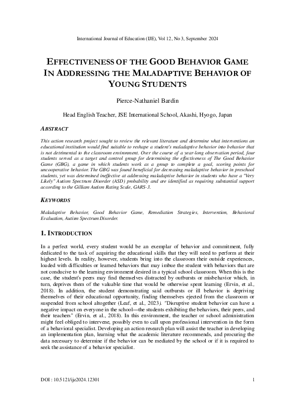 (PDF) Effectiveness of the Good Behavior Game in Addressing the ...