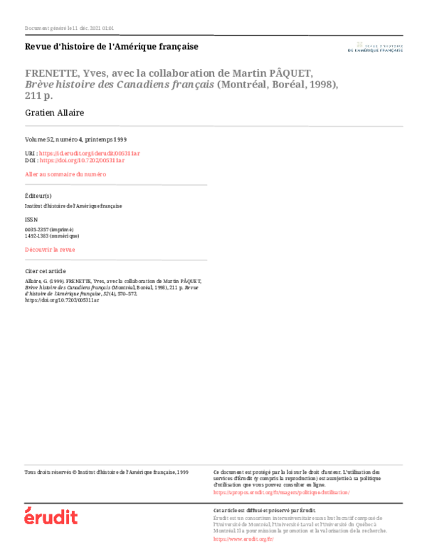 (PDF) FRENETTE, Yves, avec la collaboration de Martin PÂQUET, Brève ...