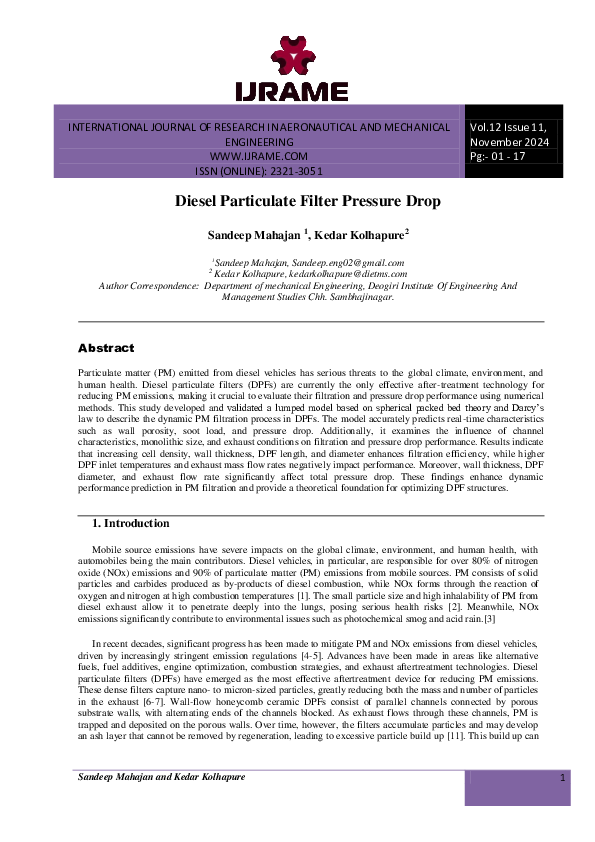 (PDF) Diesel Particulate Filter Pressure Drop