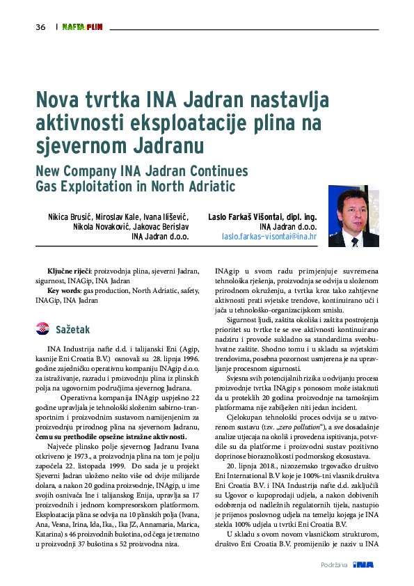 (PDF) Nova tvrtka INA Jadran nastavlja aktivnosti eksploatacije plina na sjevernom Jadranu
