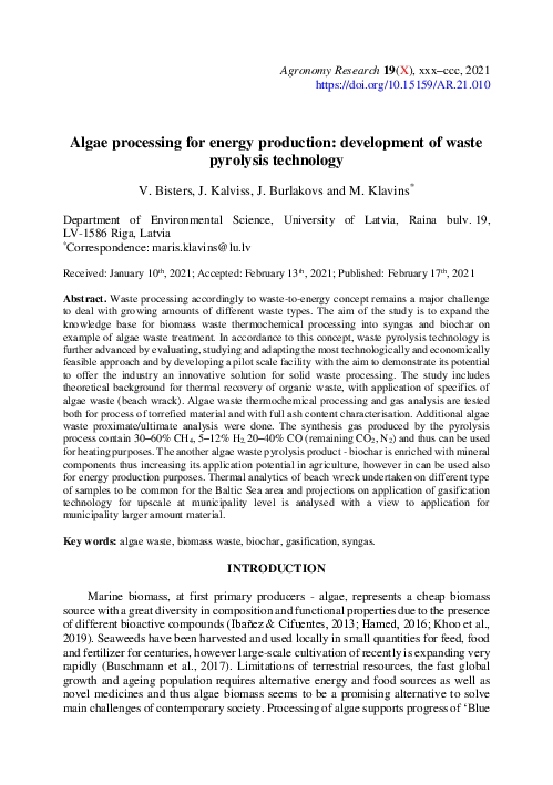 (PDF) Algae processing for energy production: development of waste pyrolysis technology