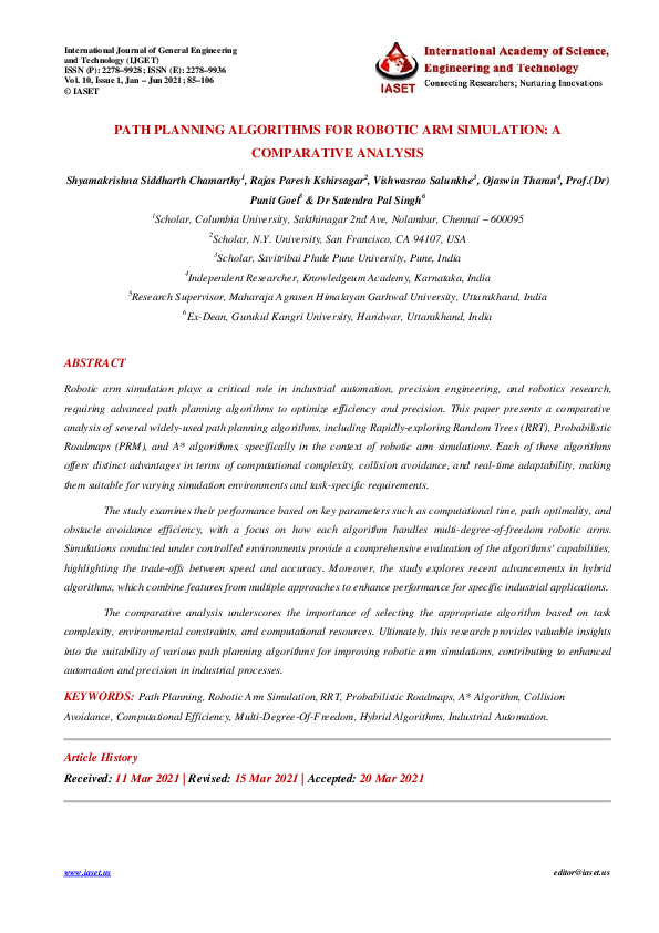 (PDF) PATH PLANNING ALGORITHMS FOR ROBOTIC ARM SIMULATION A COMPARATIVE ANALYSIS