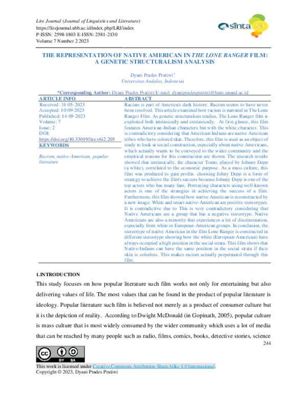 (PDF) The Representation of Native American in the Lone Ranger Film: A ...