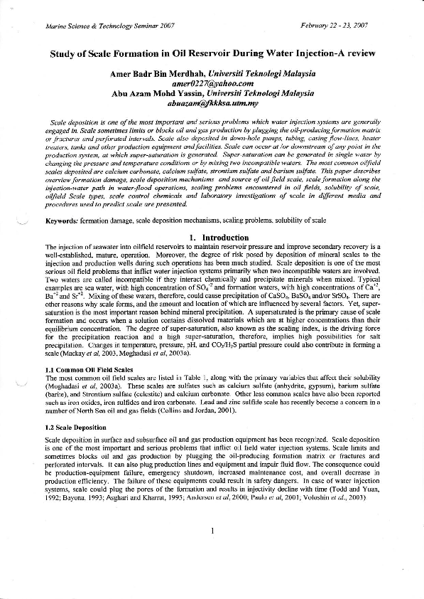 (PDF) Study of scale formation in oil reservoir during water injection ...
