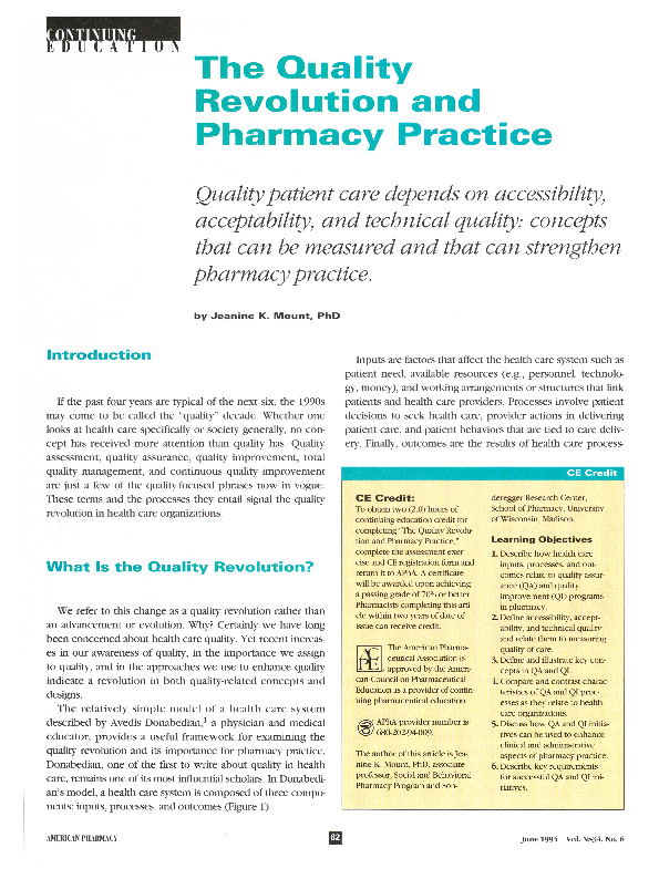 (PDF) The Quality Revolution and Pharmacy Practice