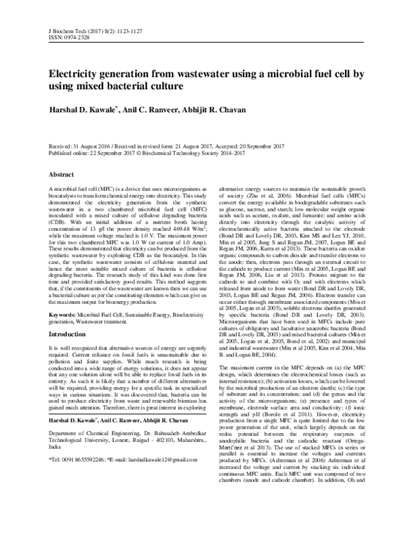 (PDF) Electricity generation from wastewater using a microbial fuel ...
