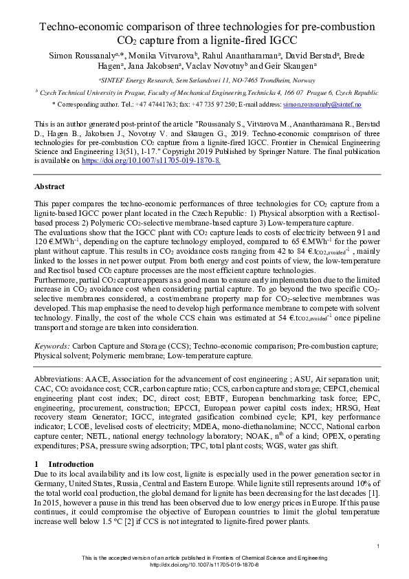 (PDF) Techno-economic Analysis of CO2 Capture in IGCC