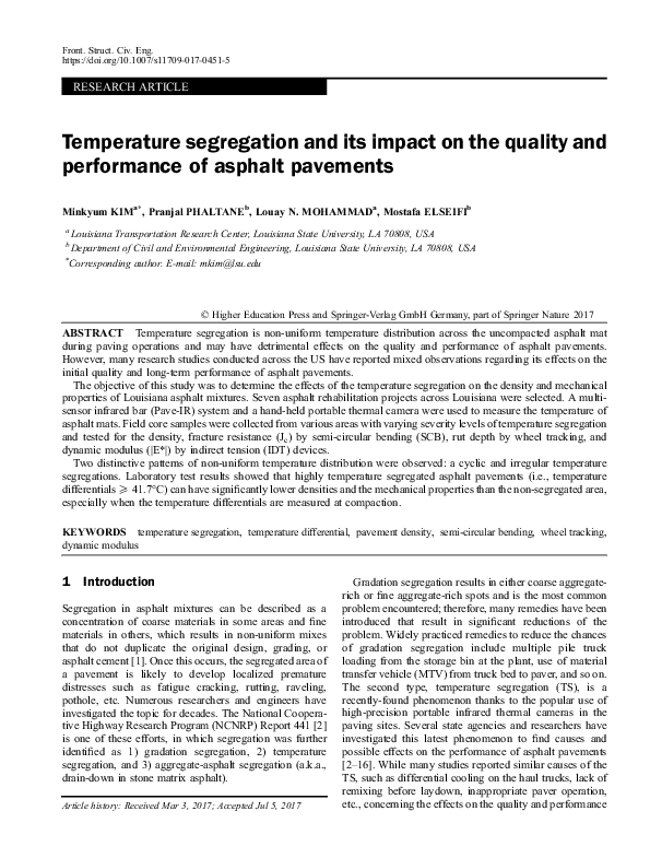 (PDF) Temperature segregation and its impact on the quality and performance of asphalt pavements