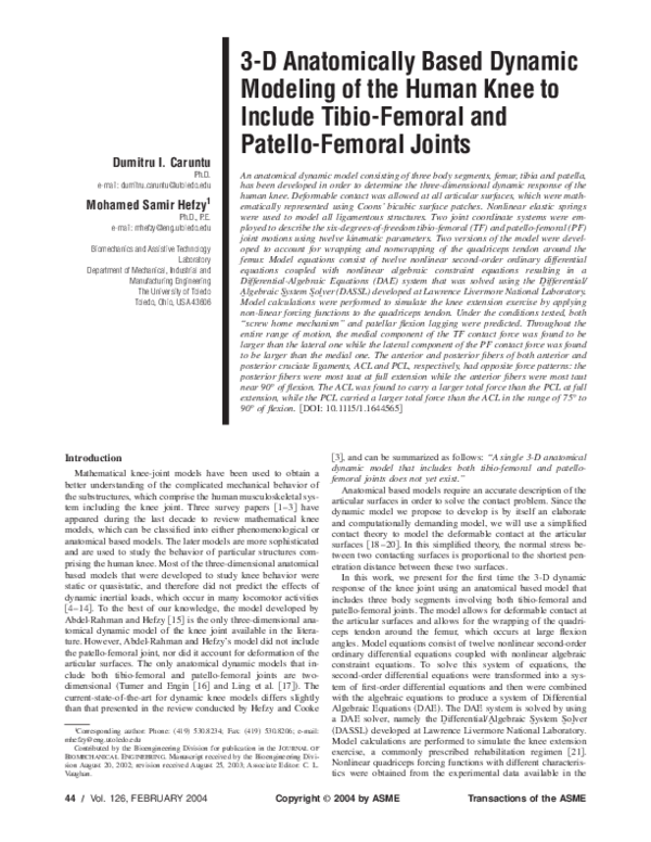 (PDF) 3-D Anatomically Based Dynamic Modeling of the Human Knee to Include Tibio-Femoral and ...