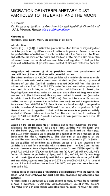 (PDF) Migration of Interplanetary Dust Particles to the Earth and the Moon