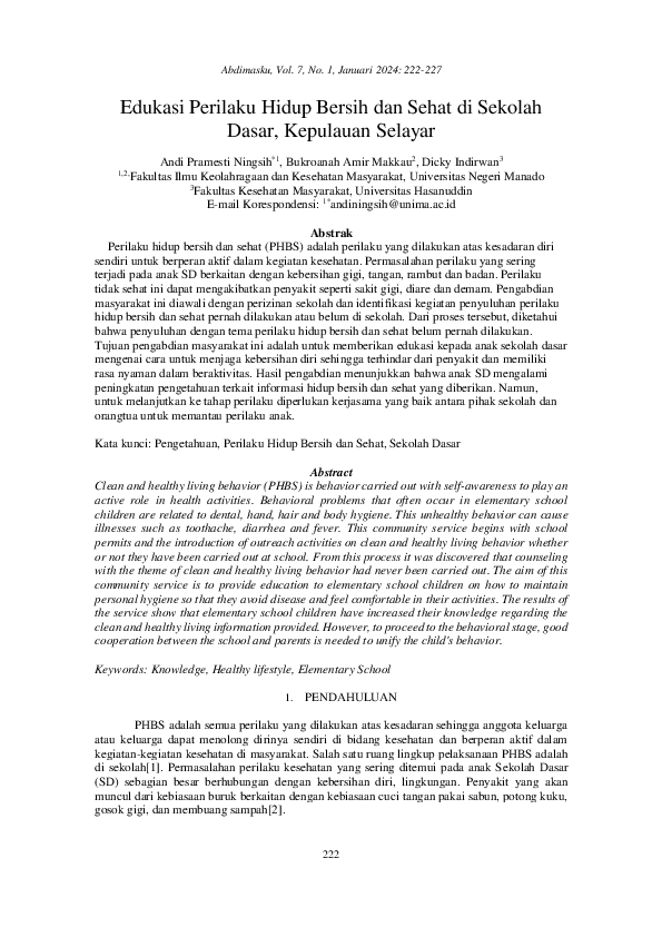 (PDF) Edukasi Perilaku Hidup Bersih dan Sehat di Sekolah Dasar, Kepulauan Selayar