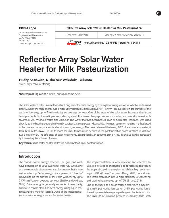 (PDF) Reflective Array Solar Water Heater for Milk Pasteurization