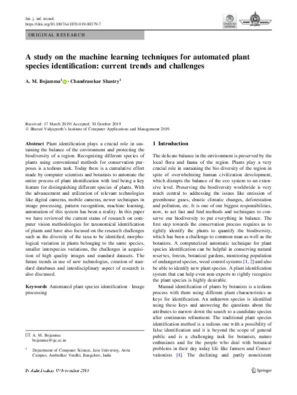(PDF) A study on the machine learning techniques for automated plant species identification ...